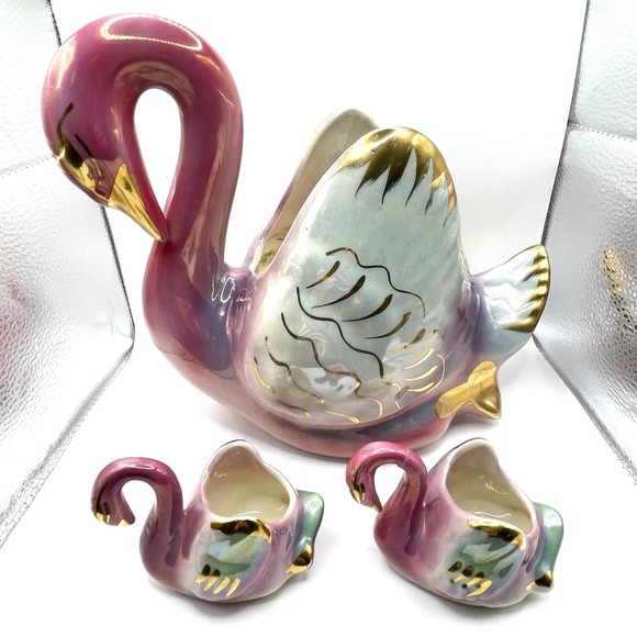 Accents | Vintage Mcm Pink Iridescent Swan Lusterware Ceramic Planter ...